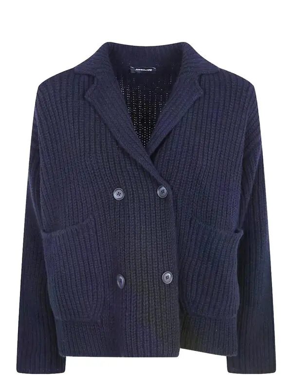 ANNE CLAIRE Double-breasted Ribbed-knit Cardigan - Blue