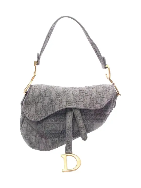 Dior Oblique Denim Embroidered Saddle Bag Shoulder Bag - Grey