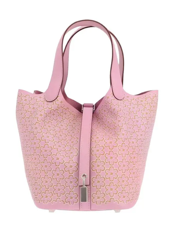 Hermès Leather Floral Print Picotin Lucky Daisy Bucket Bag - Pink