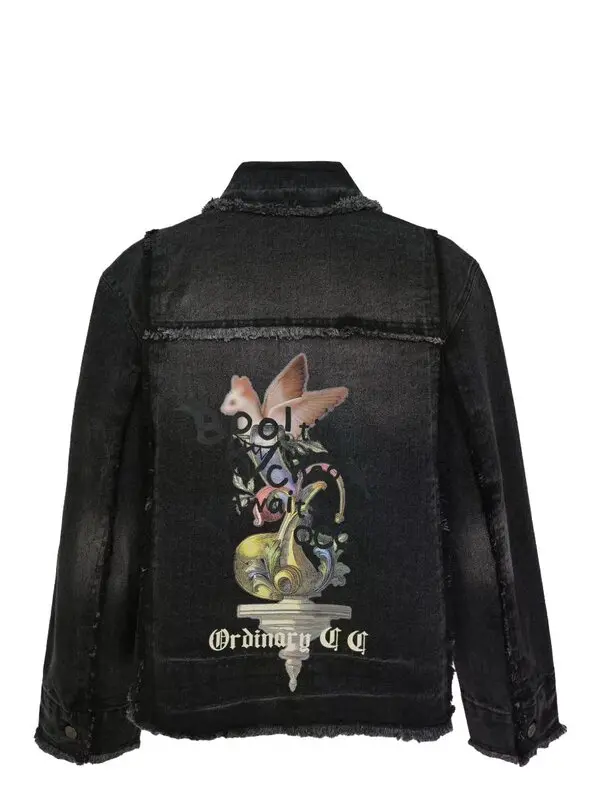 ORDINARY COUTURE CODE Graphic-print Frayed Denim Jacket - Black