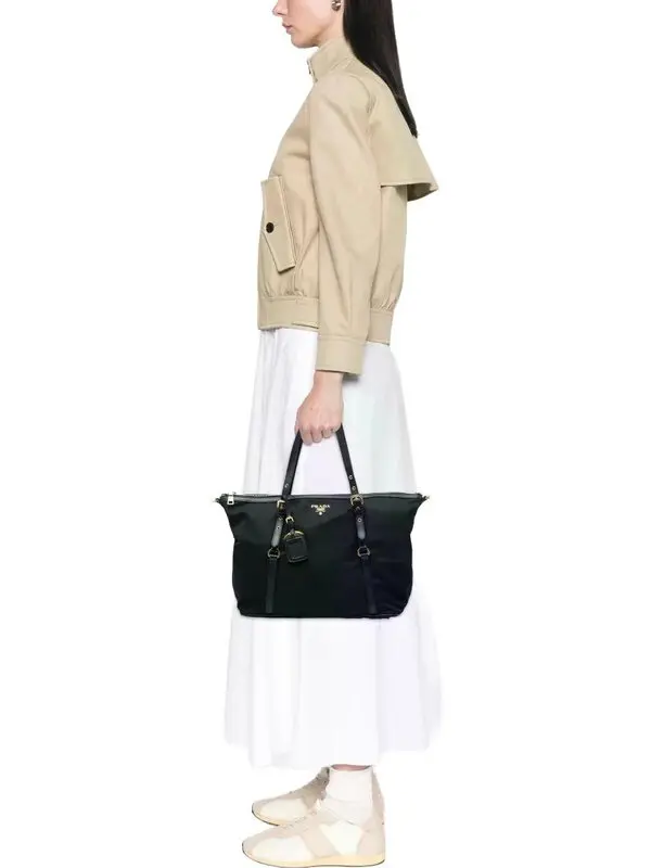 Prada Saffiano Trimmed Tessuto Zip Top Convertible Tote Satchel - Black