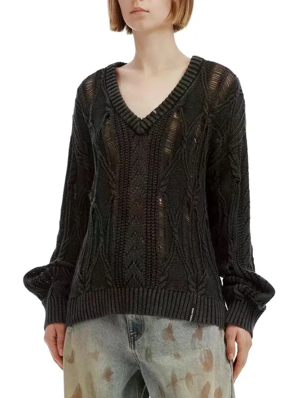 Izzue Distressed Cable-knit Sweater - Black