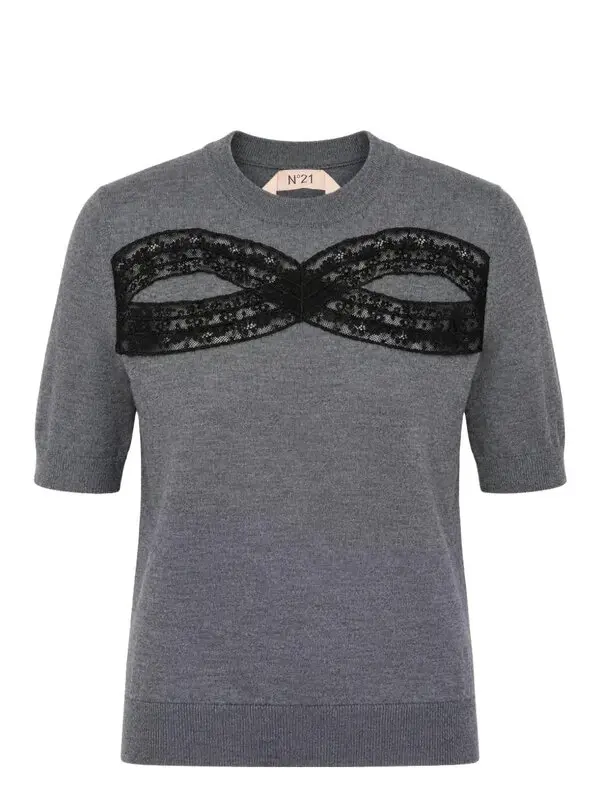 N°21 Lace-trim Crew-neck T-shirt - Grey