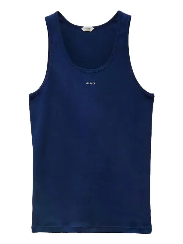 Versace Embroidered Logo Ribbed Cotton Jersey Tank Top - Blue