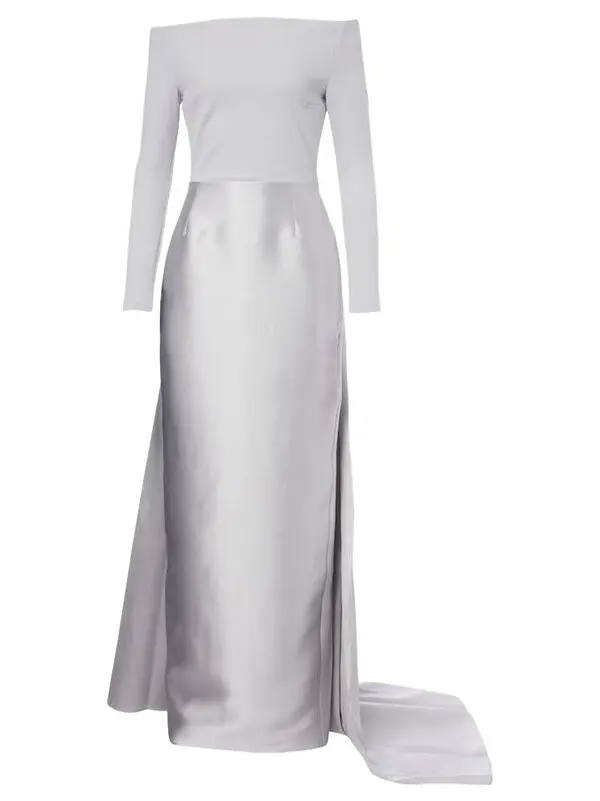 Solace London Winslow Off-shoulder Satin And Crepe Gown - Silver