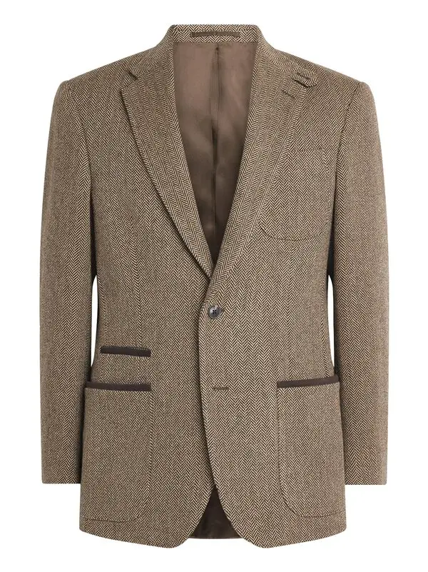 Purdey Wool Tweed Herringbone Atholl Blazer - Brown