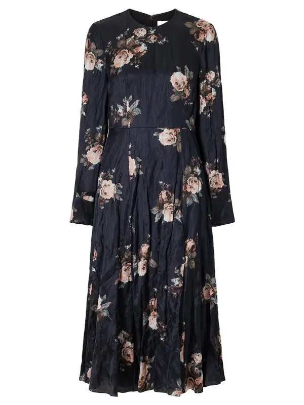 Erdem Floral-print Crinkled-satin Midi Dress - Black