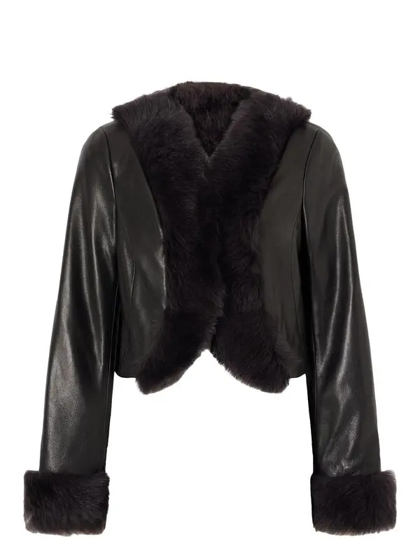 Nour Hammour Sofie Cropped Shearling-trimmed Leather Jacket - Black