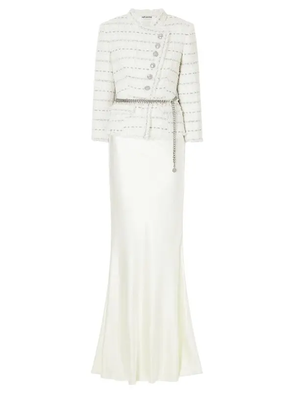 SELF-PORTRAIT Belted Satin And Bouclé Maxi Dress - White