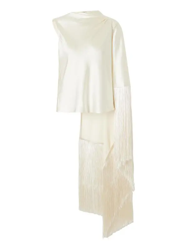 SELF-PORTRAIT Asymmetric Fringed Satin Cami - Neutrals
