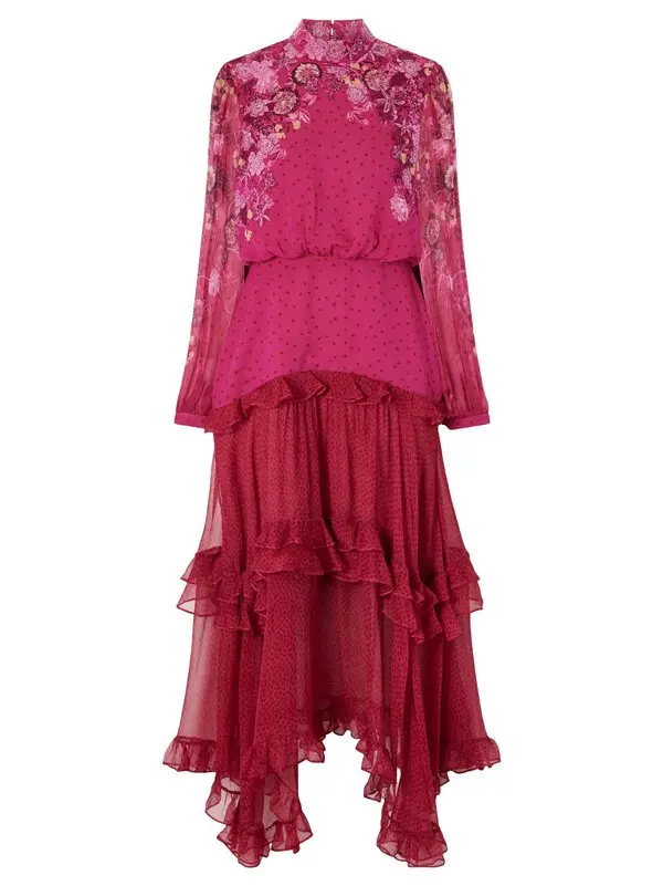 Saloni Jolie-c Asymmetric Tiered Floral-print Silk-georgette Maxi Dress - Pink