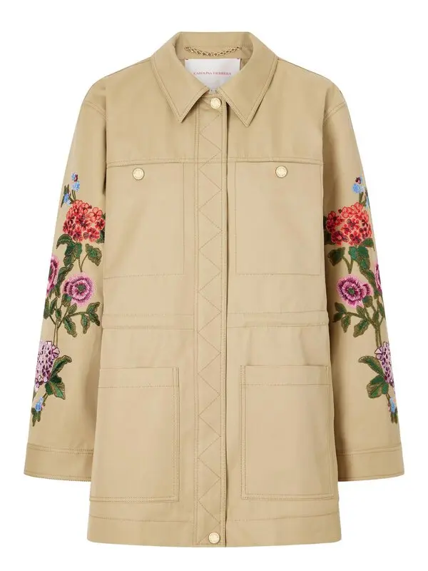 Carolina Herrera Floral-embroidered Cotton-gabardine Jacket - Brown