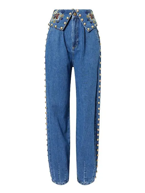 Farm Rio Floral-embroidered Barrel-leg Trousers - Denim