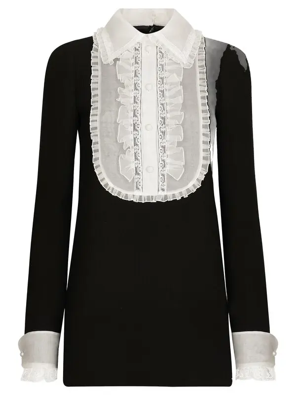 Dolce & Gabbana Wool Crepe Dress With Organza Shirt Front - Black