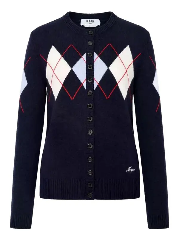 MSGM Argyle Crew-neck Cardigan - Blue