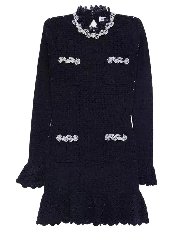 SELF-PORTRAIT Embellished Crochet-knit Mini Dress - Blue