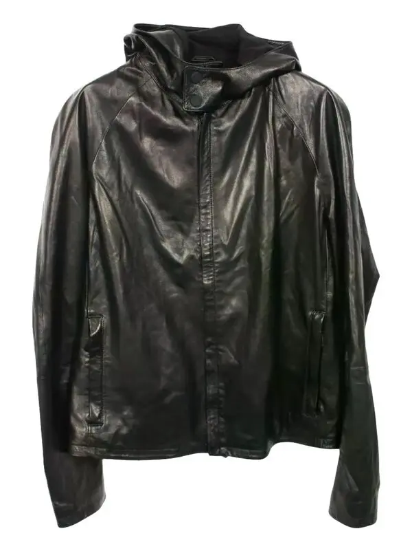 Emporio Armani Hooded Leather Jacket - Black