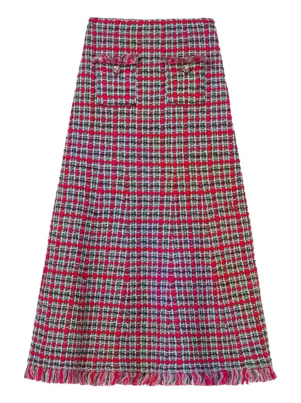 SELF-PORTRAIT Check Frayed Knit Midi Skirt - Red