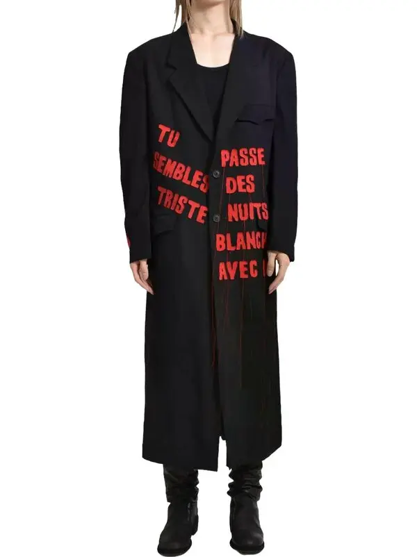 Yohji Yamamoto Slogan-print Single-breasted Coat - Black