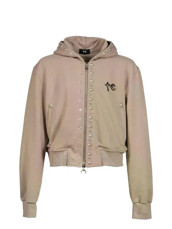 THUG CLUB Stud-embellished Cropped Hoodie - Neutrals
