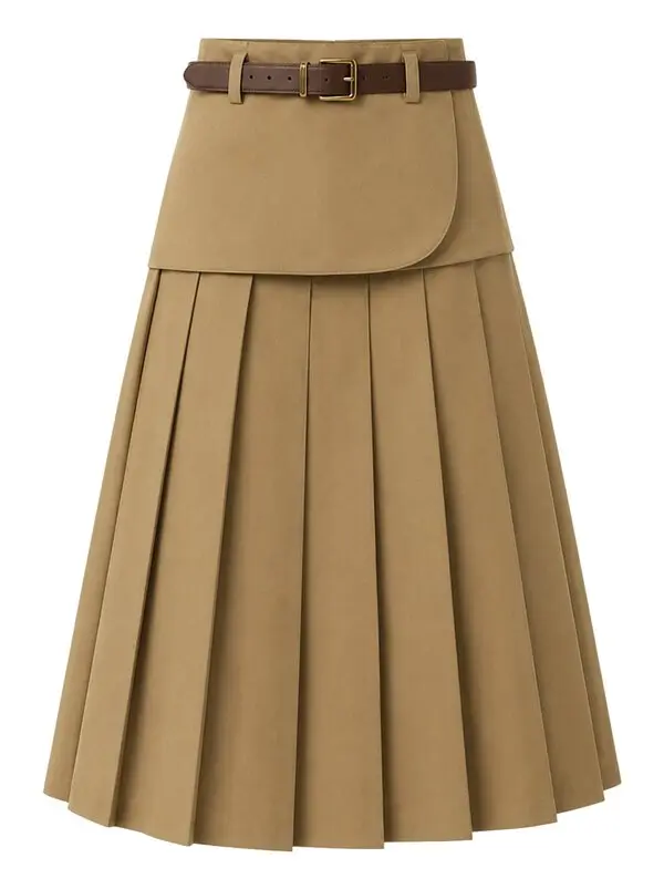 FRONT ROW SHOP Double-layered Pleated Gabardine Skirt - Brown
