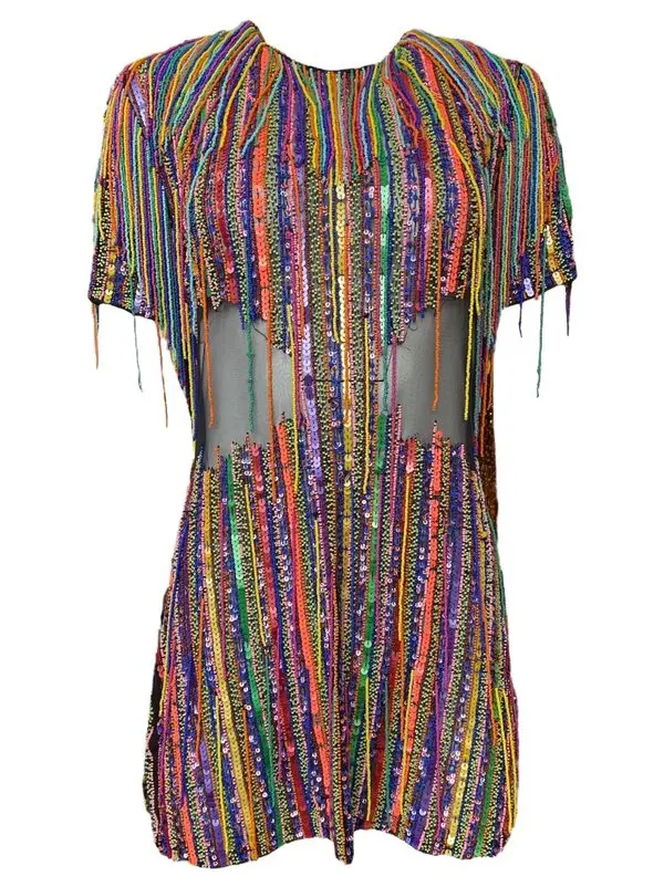 ANY OLD IRON Hand-beaded Rainbow Fringe Dress - Red