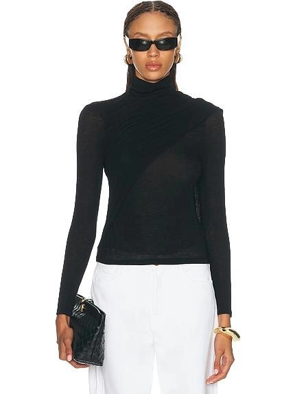 Enza Costa Sheer Cashmere Jersey Bandana Turtleneck Top - Black