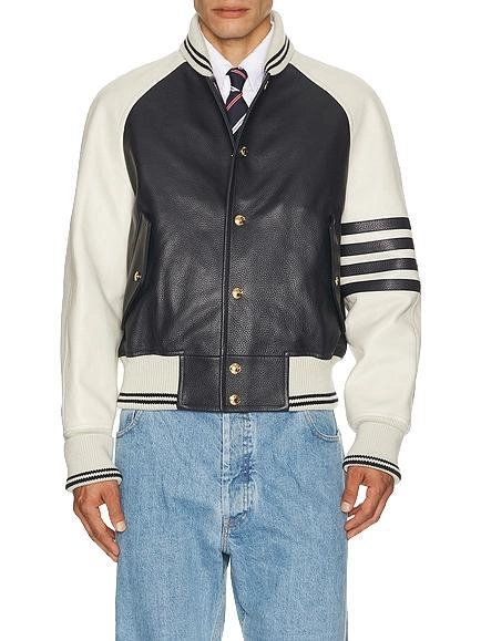 Thom Browne Oversized Raglan Sleeve Leather Jacket - Navy