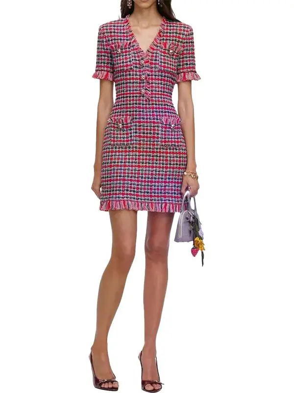 SELF-PORTRAIT Check Frayed Knit Mini Dress - Red