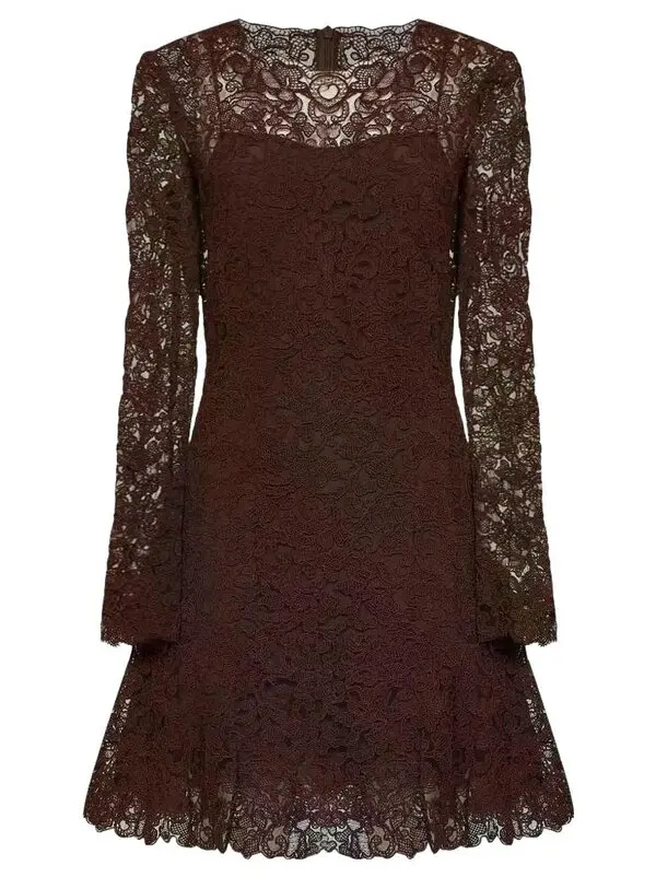 Ermanno Scervino Long-sleeved Scalloped Lace A-line Mini Dress - Brown