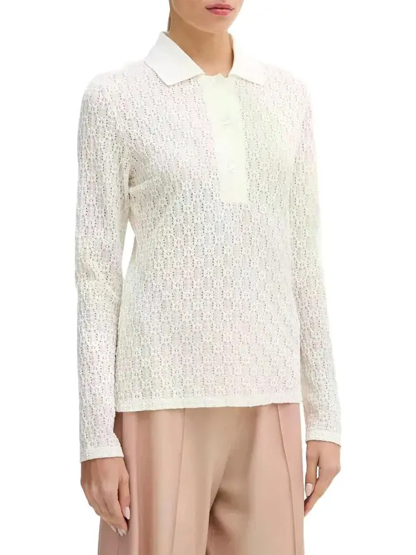 Sisley Crochet-knit Long-sleeve Polo Shirt - White