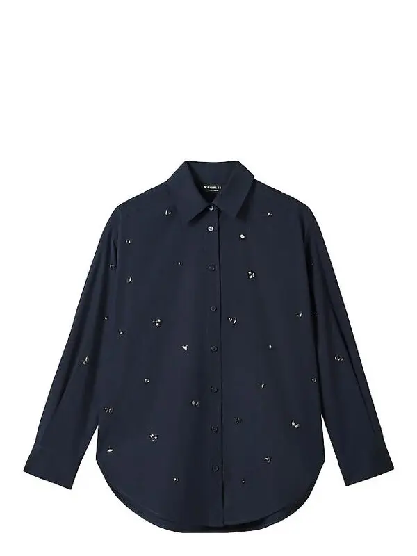 Whistles Long-sleeved Embellished Cotton-poplin Shirt - Navy/multi