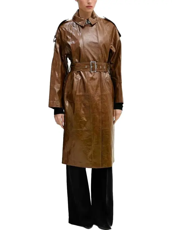 Sisley Crinkled-finish Belted Coat - Brown