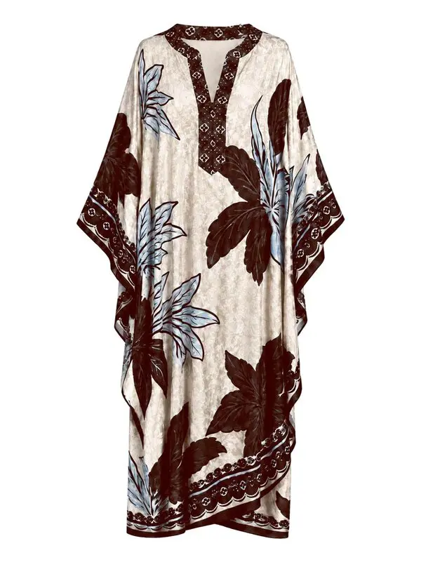Loveist Store Adenium Botanical Print Jacquard Satin Kaftan - Blue/brown/white