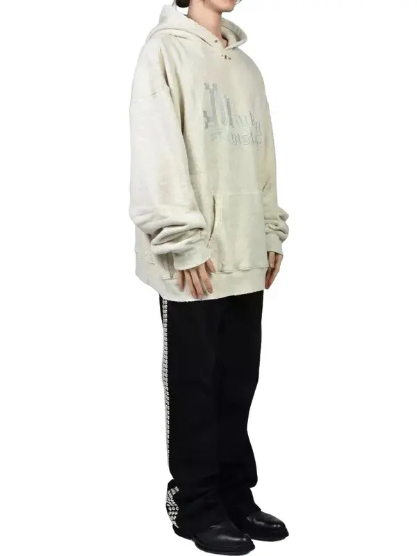 MARKING DISTANCE Logo-embroidered Distressed Hoodie - Neutrals