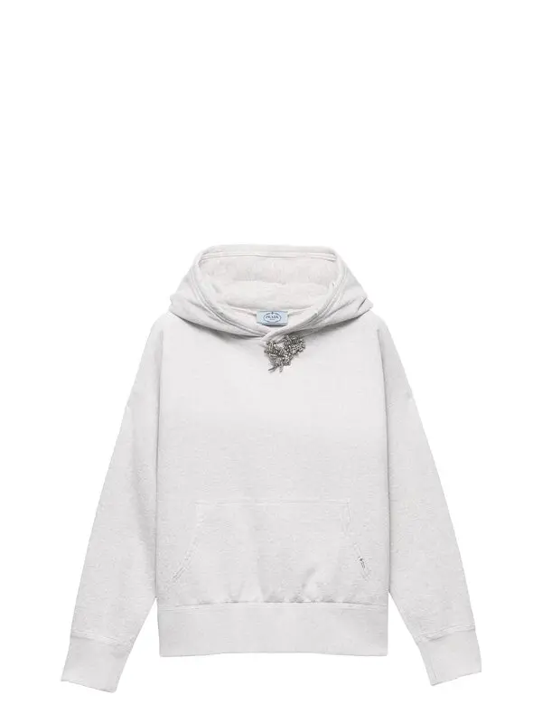 Prada Cotton Fleece Hoodie With Jewelled Brooch - Grey