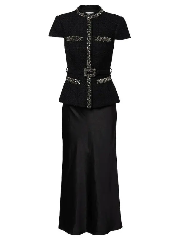 SELF-PORTRAIT Belted Embellished Boucle And Satin Midi Dress - Black