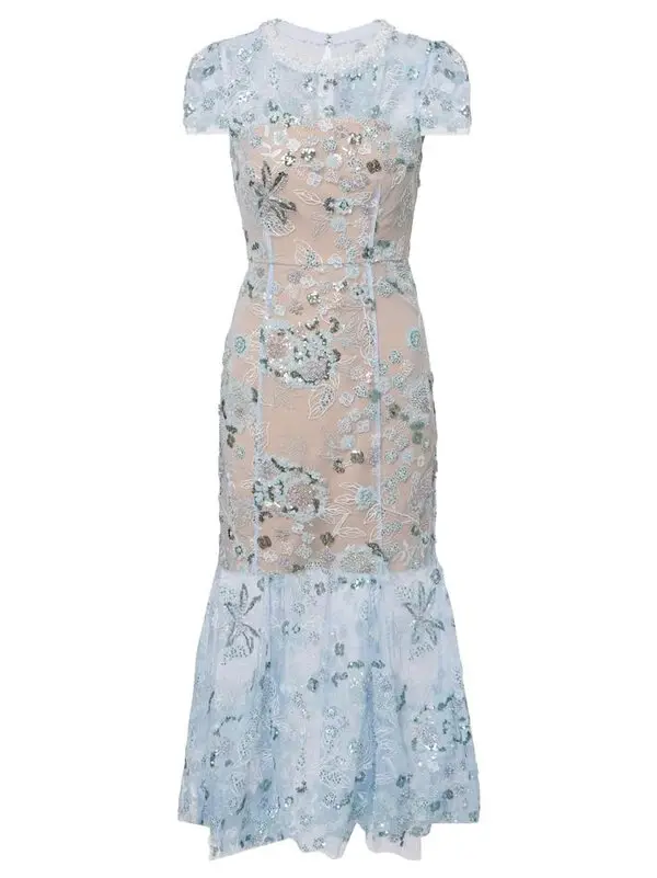 SELF-PORTRAIT Floral Sequined Tulle Midi Dress - Blue