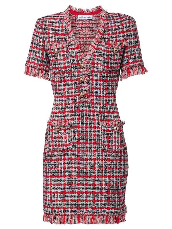 SELF-PORTRAIT Checked Frayed Cotton And Wool-blend Minidress - Red