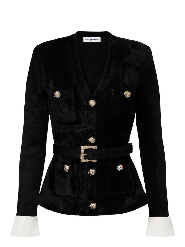 SELF-PORTRAIT Belted Embellished Chenille Jacket - Black