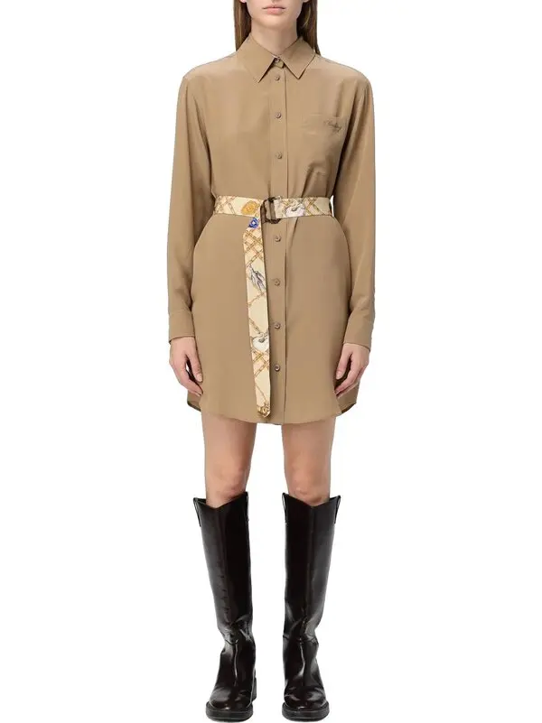 Burberry Silk Mini Shirt Dress With Classic Collar And Waist Belt - Brown