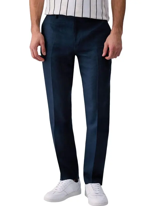 Liu Jo Slim Fit Tailored Linen Trousers With Slash Pockets And Belt Loops - Blue