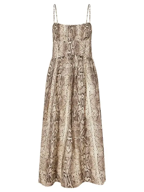 Cara Cara Alba Gathered Snake-print Linen And Silk-blend Organza Midi Dress - Neutrals