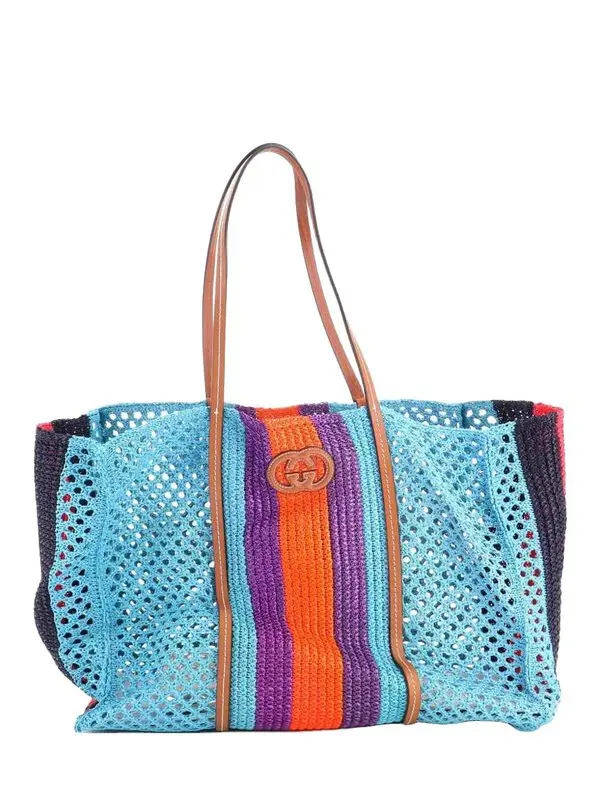 Gucci Interlocking G Web Raffia With Leather Medium Tote Bag - Blue