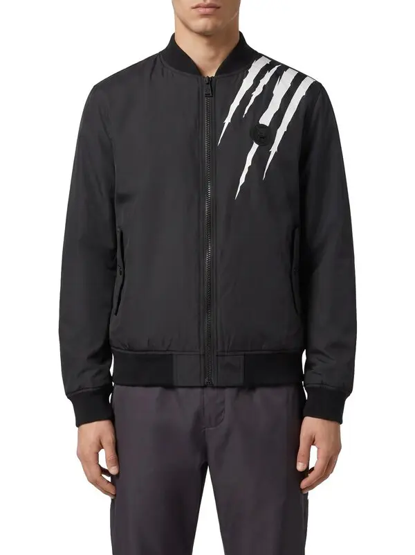 PLEIN SPORT Scratch Nylon Bomber Jacket With Contrast Logo And Pockets - Black