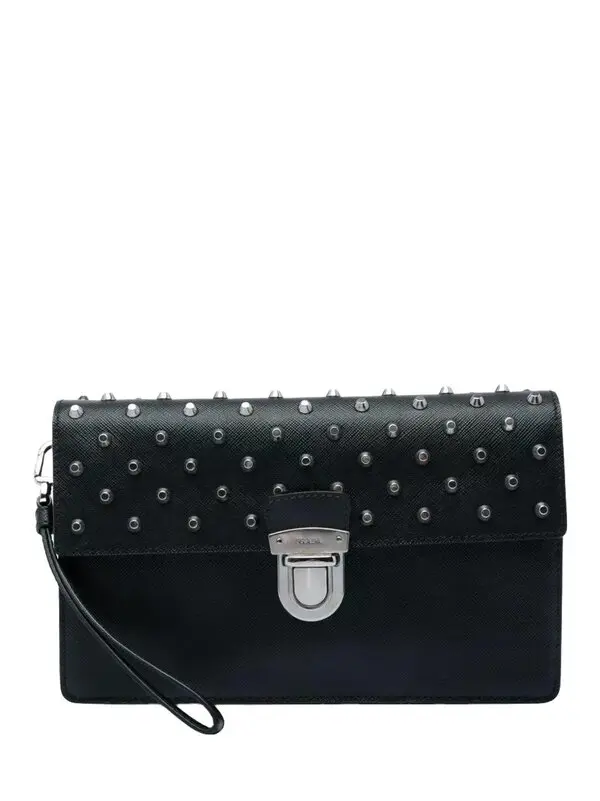Prada 2000-2013 Studded Saffiano Push Lock Wristlet Clutch Bag - Black