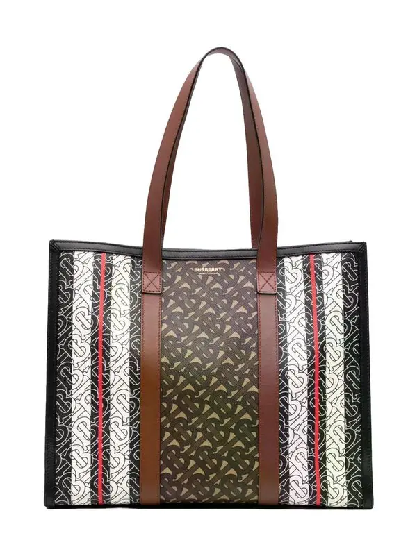 Burberry 2018-2026 Tb Monogram E Canvas Stripe Book Tote Bag - Brown