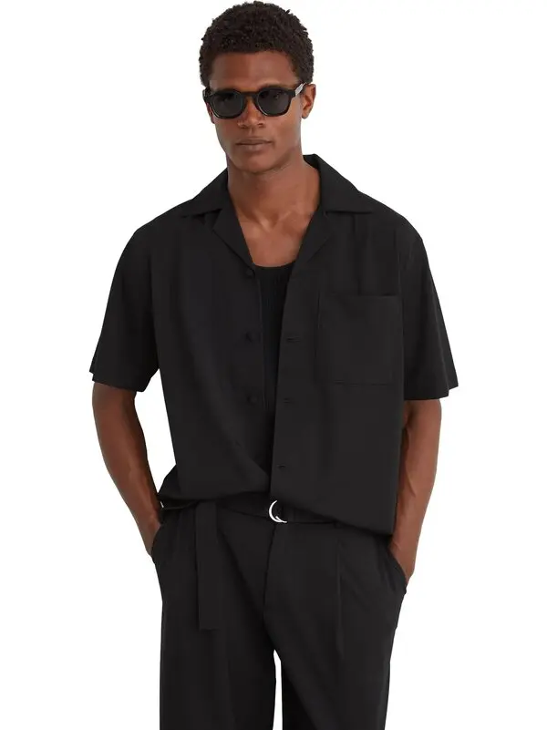 REISS Cuban-collar Short-sleeve Shirt - Black