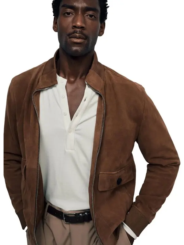 REISS Suede Funnel-neck Bomber Jacket - Brown