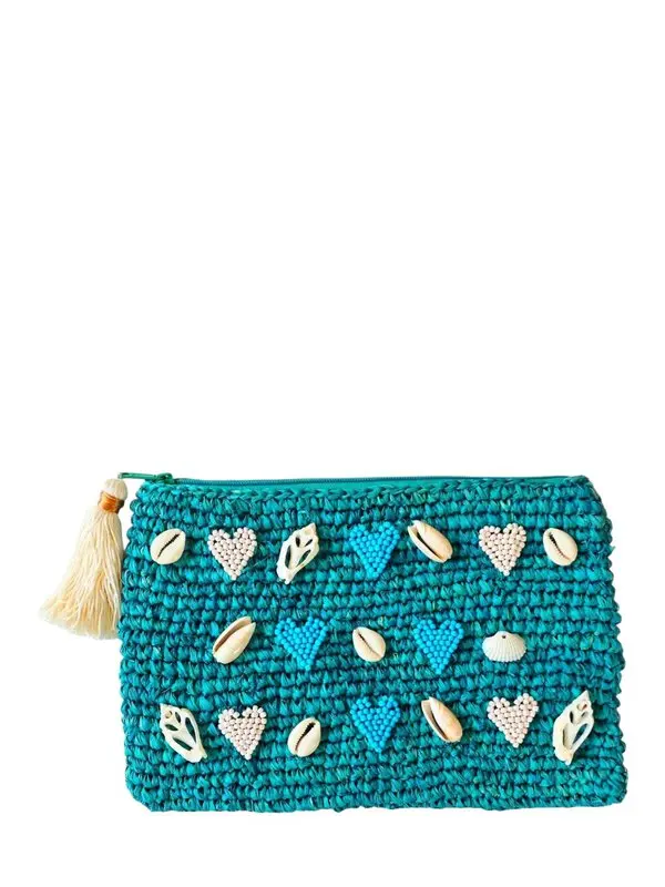 OHSUN Blue / White Juno Embroidered Raffia Clutch Turquoise - Blue/white